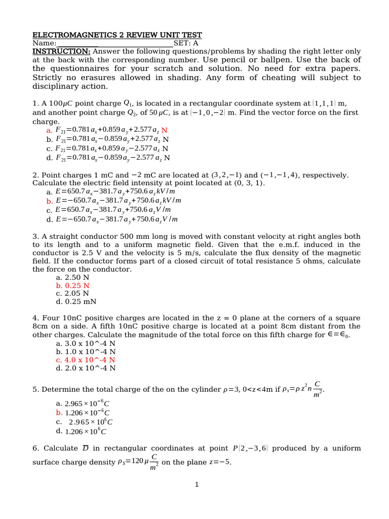 Electromagnetics Unit Test Review | PDF | Force | Mechanics