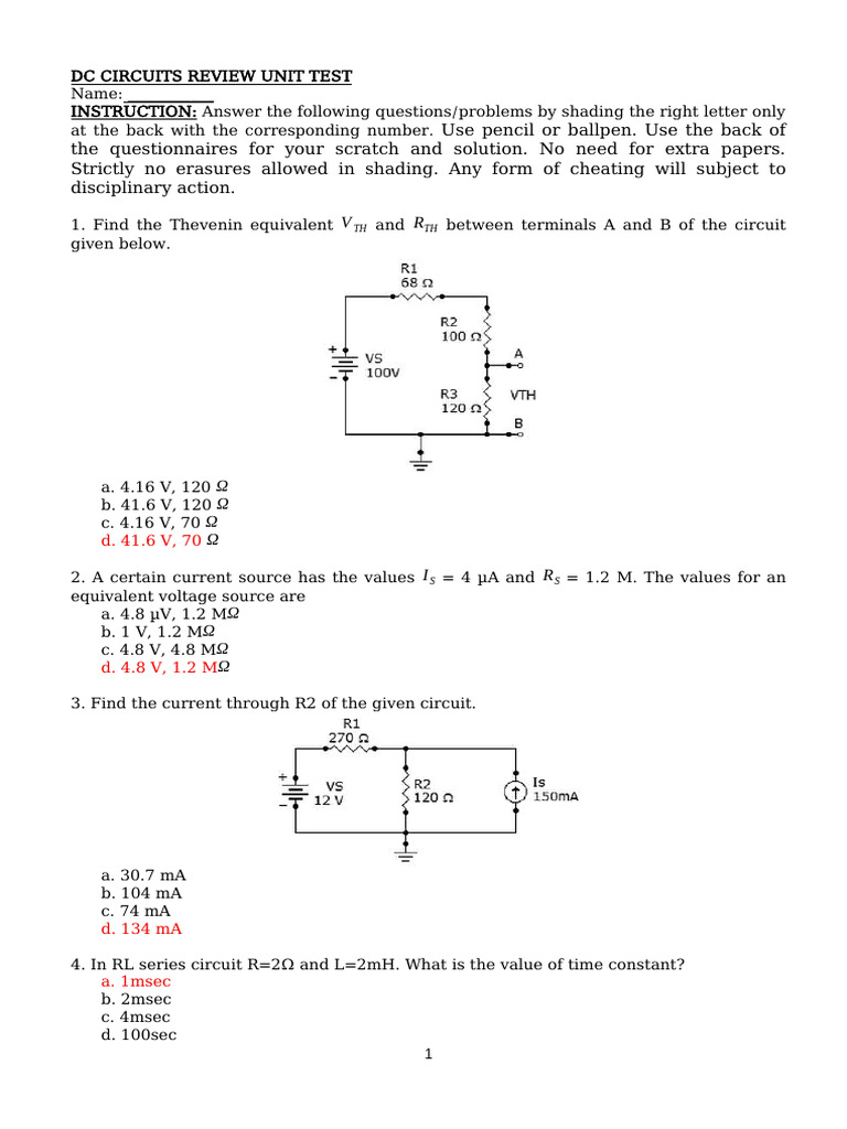 DC Circuits Review Test Questions | PDF | Capacitor | Inductor