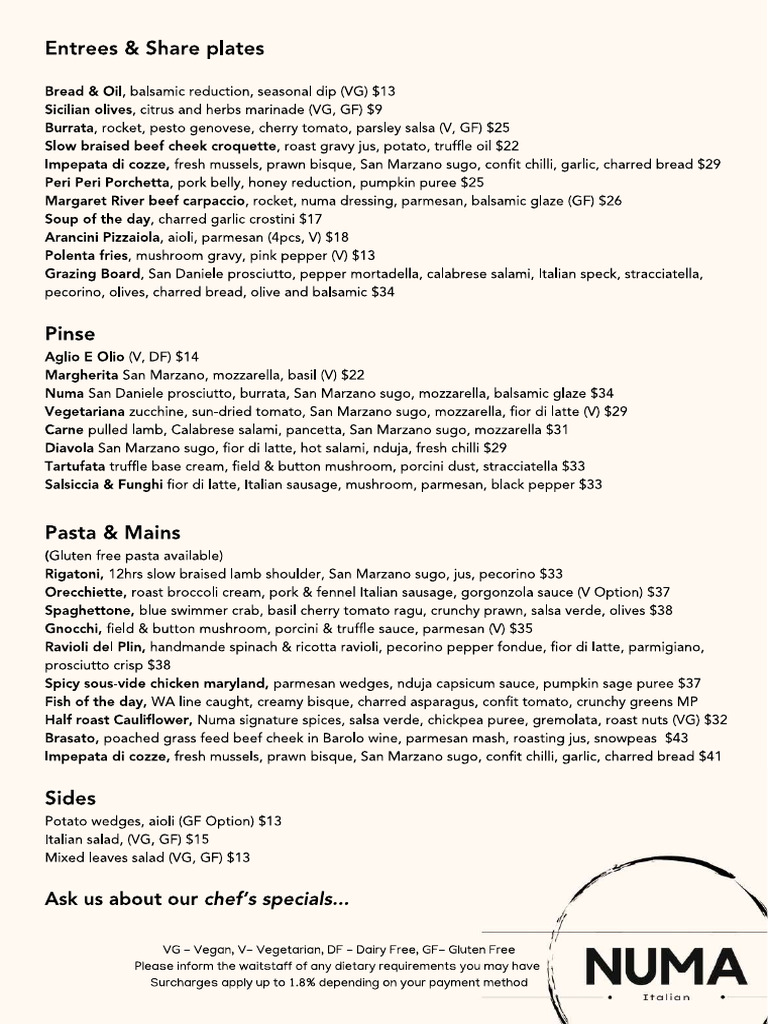 Numa Winter Menu | PDF