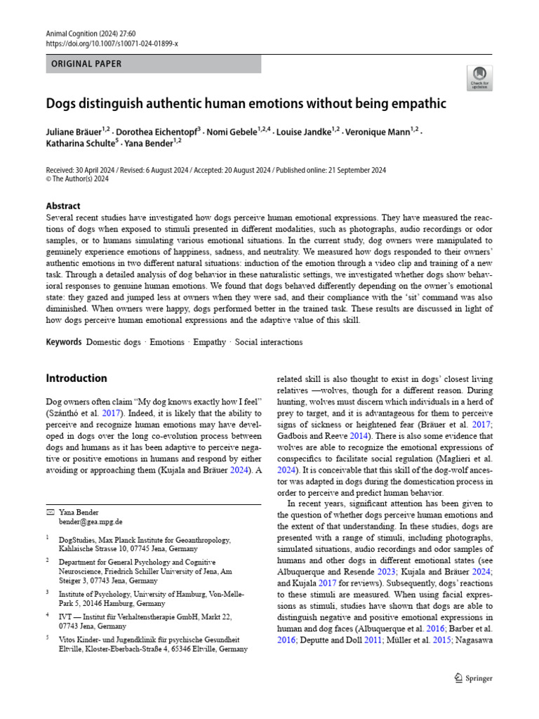 Dogs Distinguish Authentic Human Emotions Without Being Empathic | PDF ...