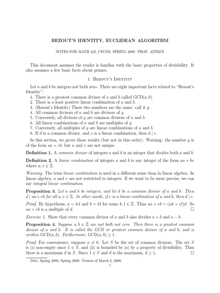 En - Bézout's Identity - Euclidean Algorithm | PDF | Discrete ...
