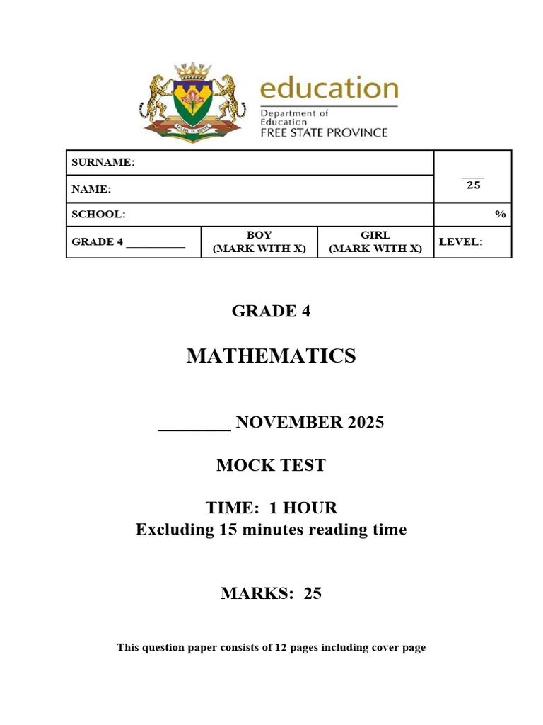 Grade 4 Mathematics Mock Test 2025 | PDF | Shape | Area