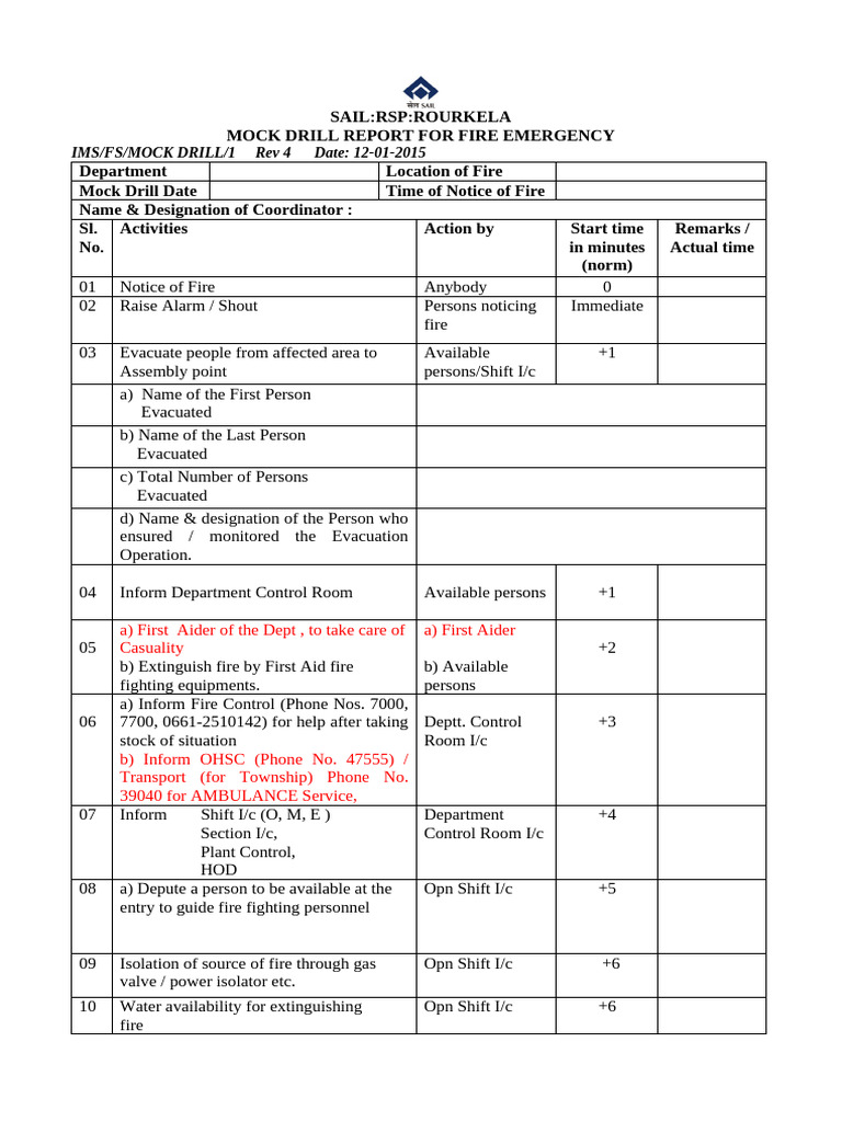 Fire MOCK DRILL Blank Rev4 | PDF | Emergency Management | Civil Defense