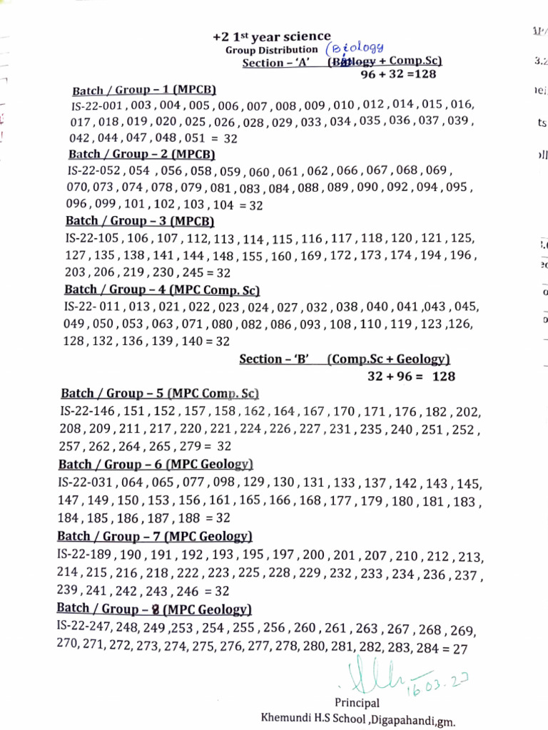 +2 1st Year Practical (Batch List & Time Table) | PDF