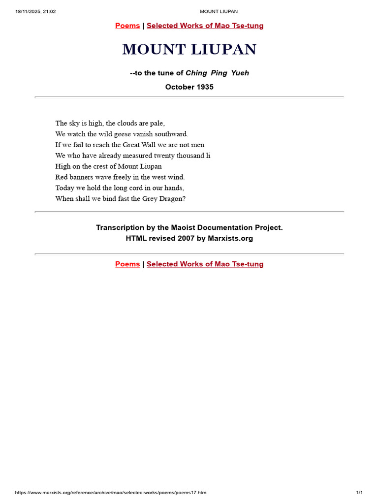 Mao Tse-tung's Poem "Mount Liupan" | PDF