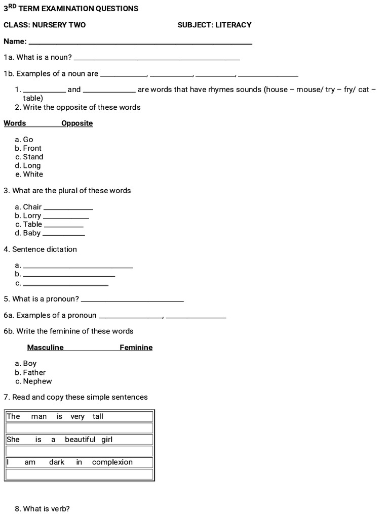 Exam For Literacy Nursery 2 3rd Term | PDF