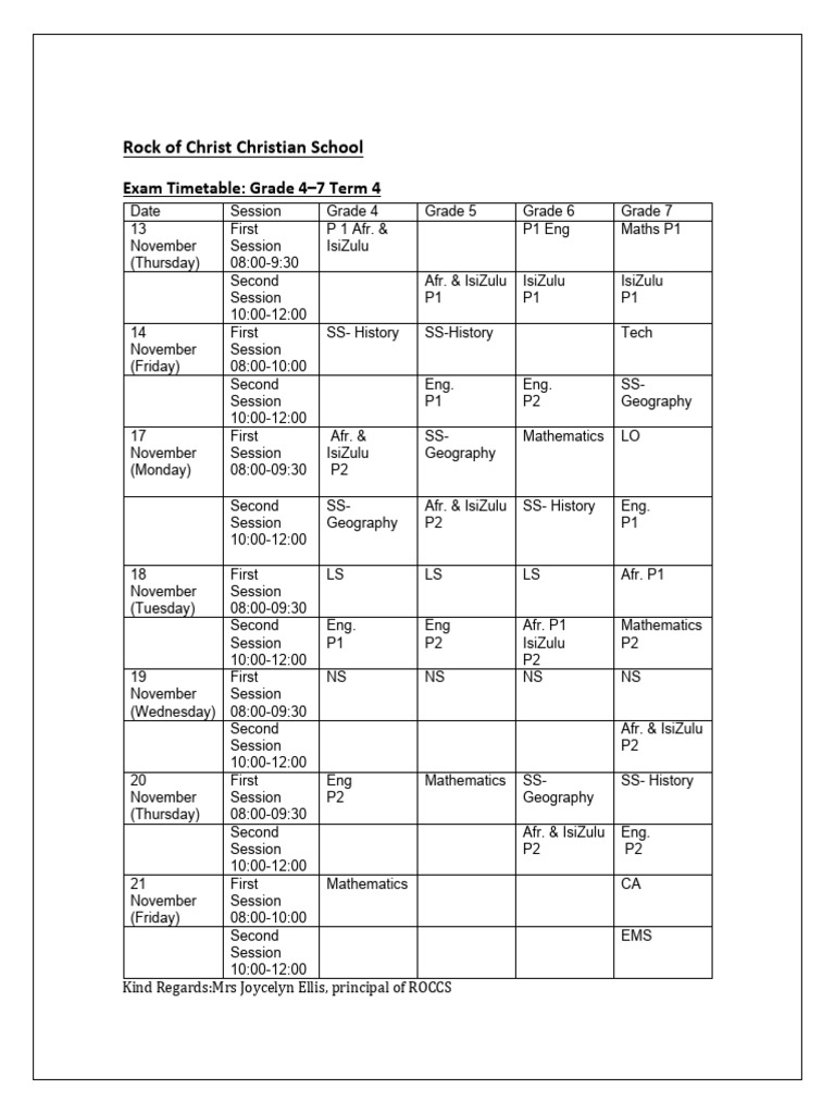 Rock of Christ Christian School Exam Timetable Te Mplate Grade4-7 | PDF