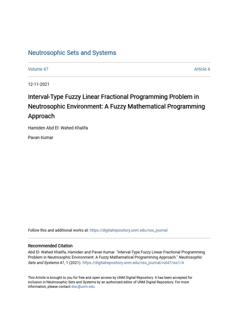 Interval-Type Fuzzy Linear Fractional Programming Problem in Neut | PDF | Mathematical ...