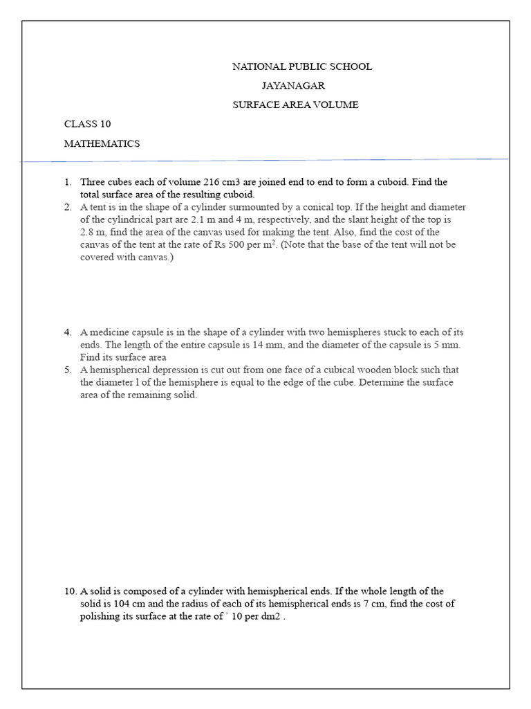 Class 10 Math: Surface Area & Volume Problems | PDF | Sphere | Volume