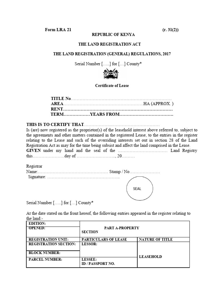 Kenya Leasehold Certificate Form LRA 21 | PDF | Lease | Common Law