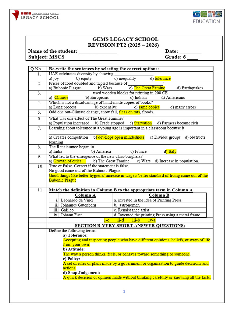 6th Grade MSCS Revision Worksheet | PDF | Renaissance