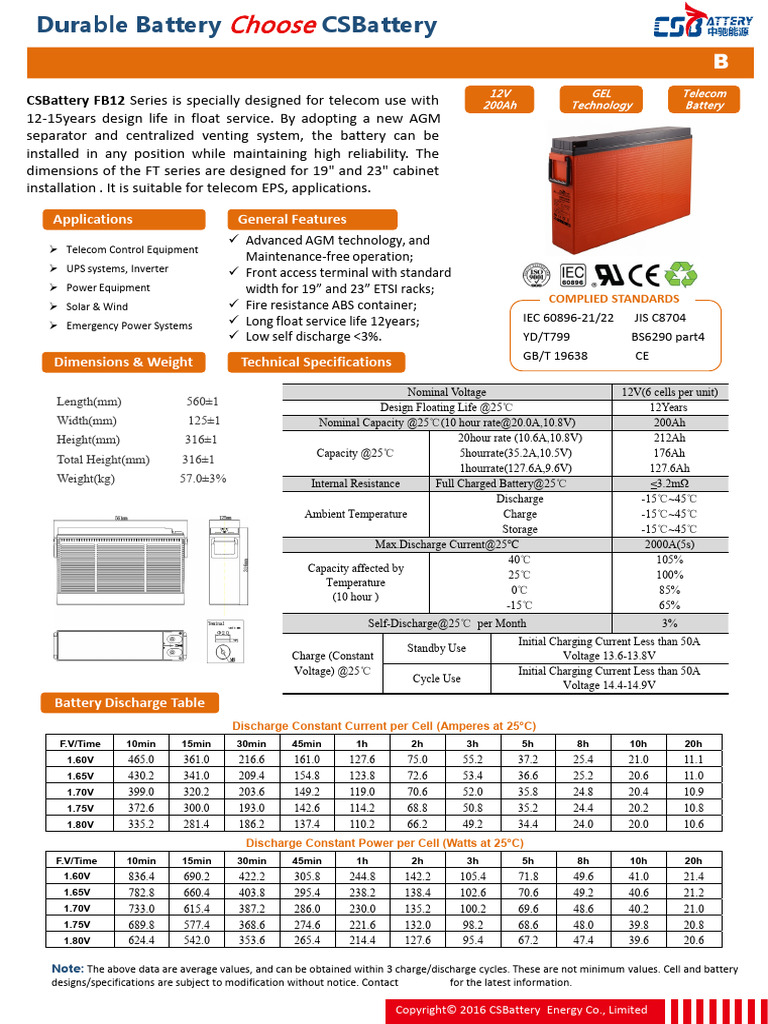 CSBattery FB12-200B Front Terminal AGM Battery | PDF | Electric Power ...