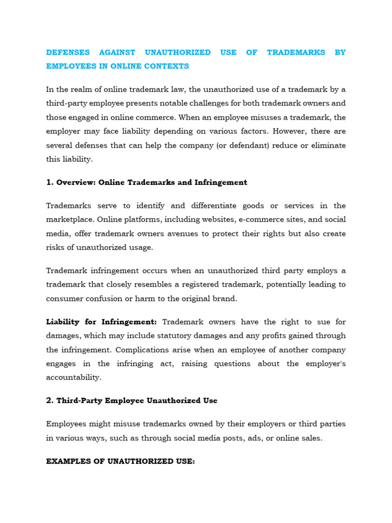 Defenses Against Unauthorized Use of Trademarks by Employees in Online Contexts | PDF ...