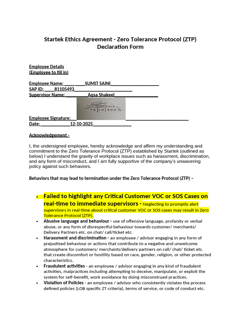 Updated Startek Ethics Agreement | PDF | Harassment | Justice