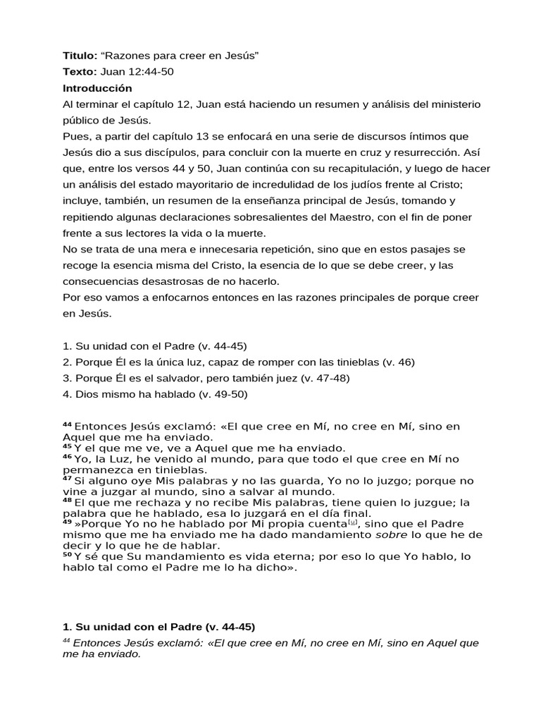 Sermon Juan 12 44-50 Razones para Creer en Jesús | PDF | Cristo (título ...