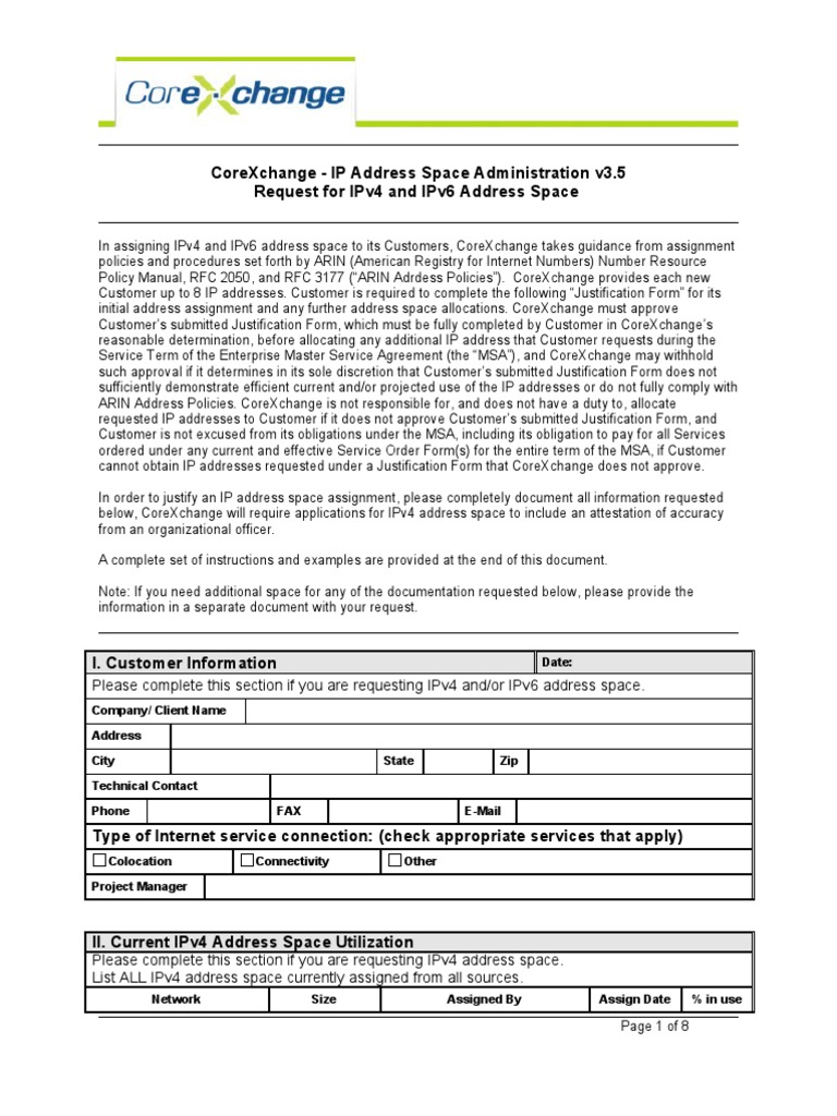 CoreXchange - IP Justification Form | PDF | Ip Address | I Pv6