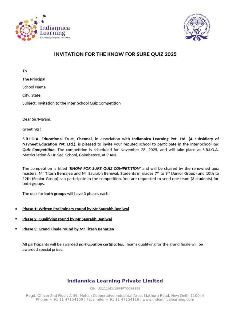 Inter-School Quiz Competition 2025 Invite | PDF
