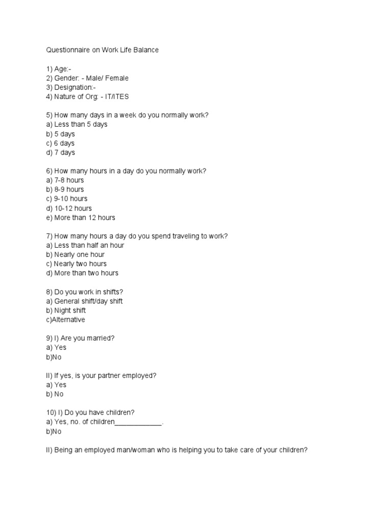 Questionnaire On Work Life Balance | PDF | Work–Life Balance | Obesity