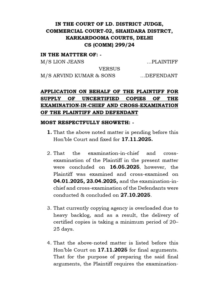Lion Jeans vs Arvind- Application for Supply of Uncertified Copy | PDF