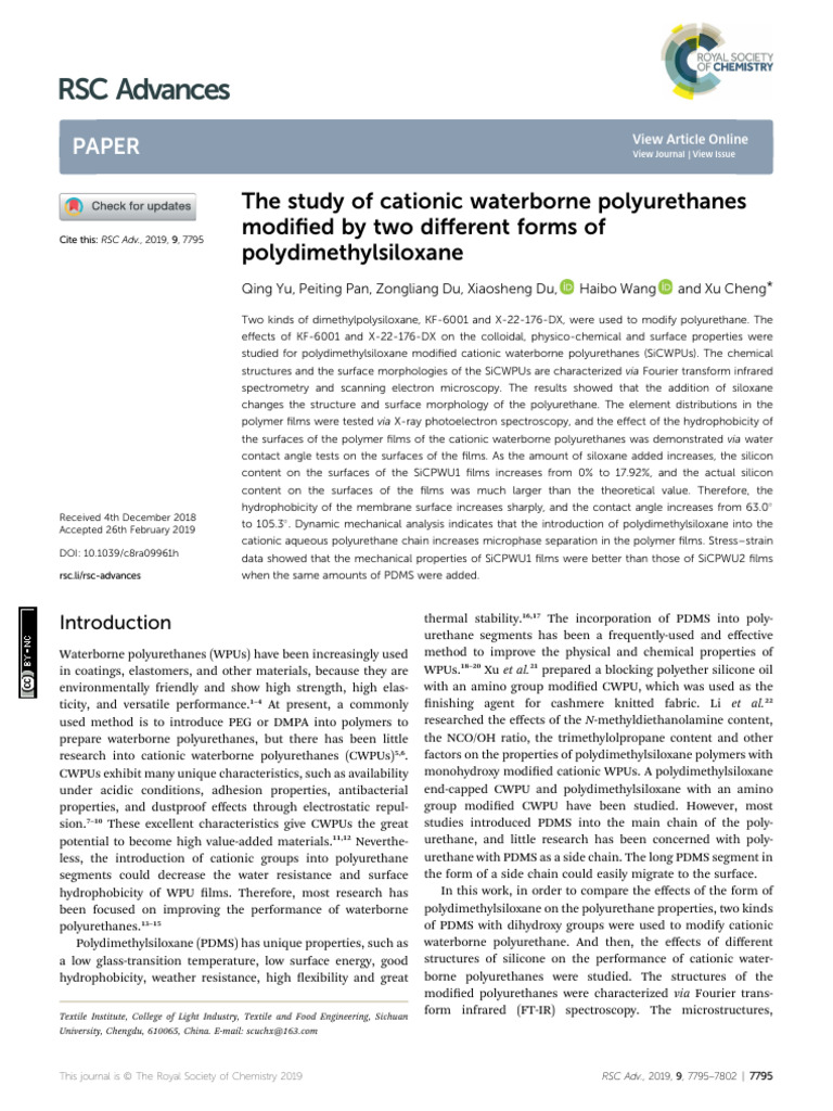 Cationic Waterborne Polyurethanes Modified with PDMS | PDF | X Ray ...