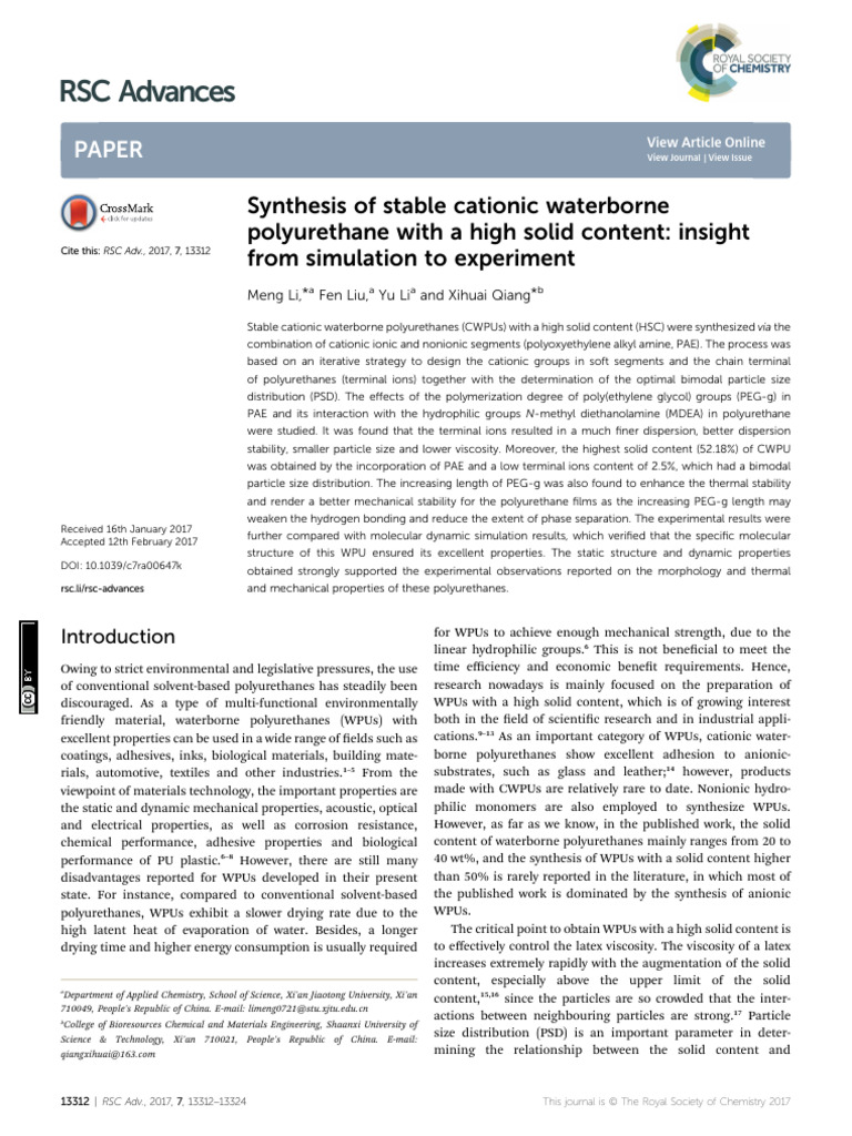 Synthesis of Stable Cationic Waterborne Polyurethane With A High Solid ...