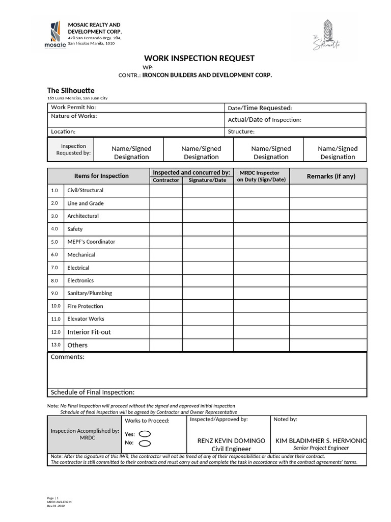 Gen - Con. Work Inspection Request Form | PDF