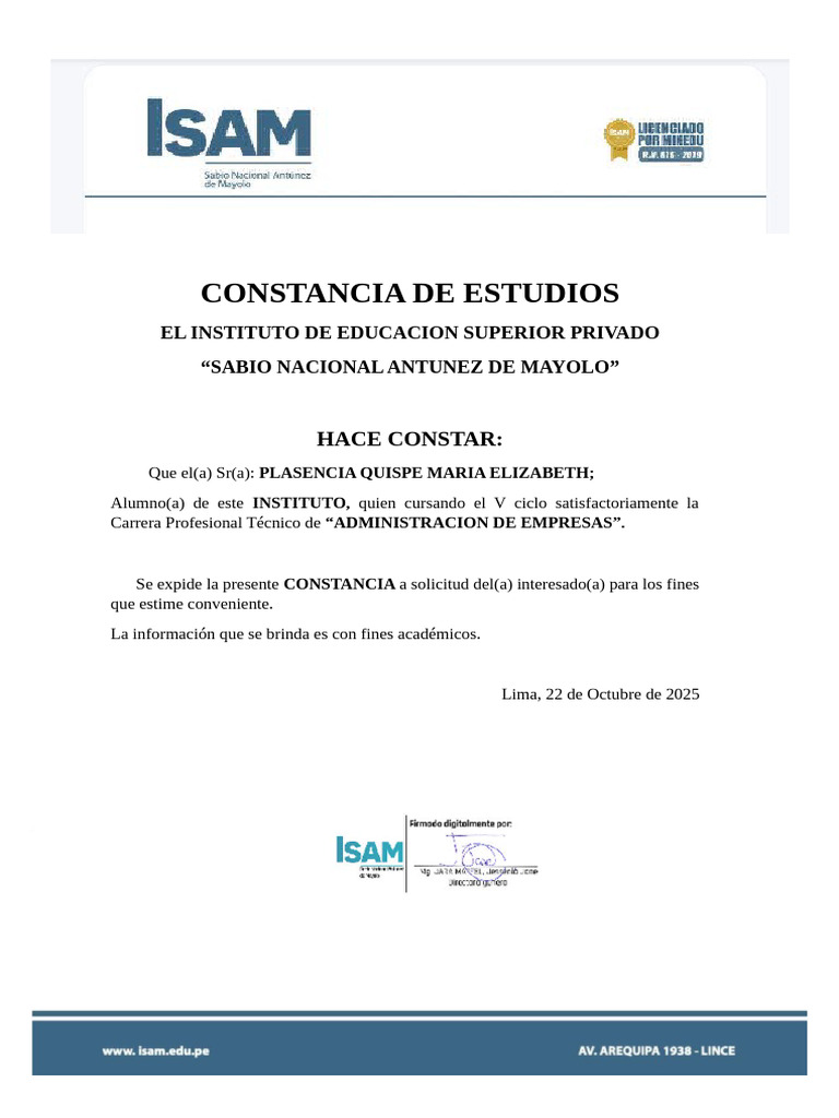 Constancia de Estudios - Isam | PDF