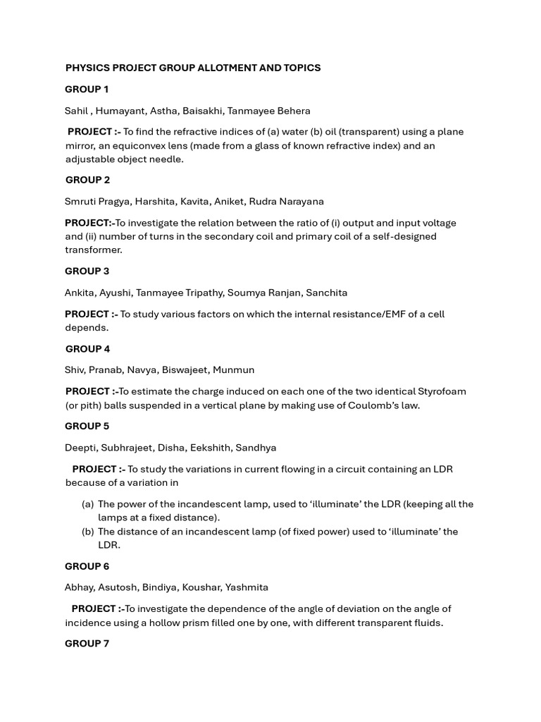 Physics Project Topics and Groups | PDF
