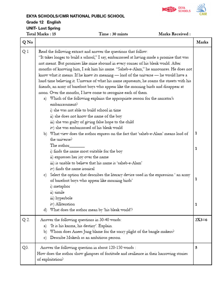Gr12 Lost Spring Chapter Test | PDF