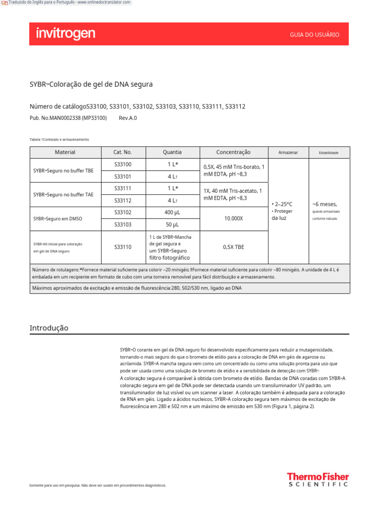 PT - Instrução de Uso - SYBR Safe DNA Gel Stain - Rev A.0 - 02.02.2016 ...