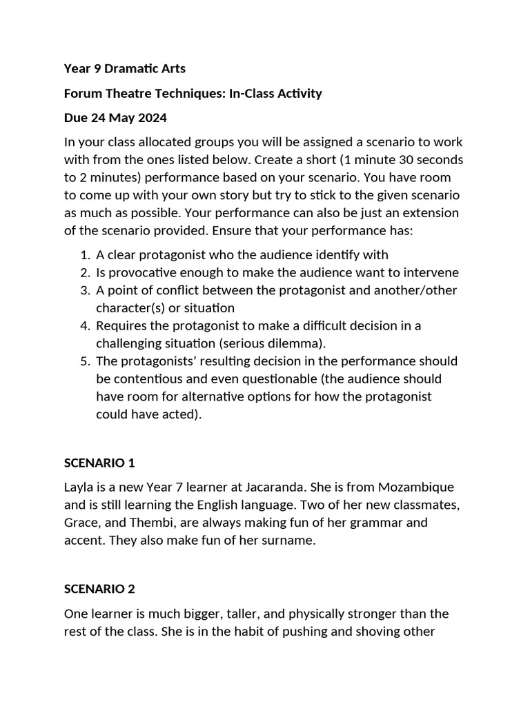 Year 9 Forum Theatre Scenarios Guide | PDF
