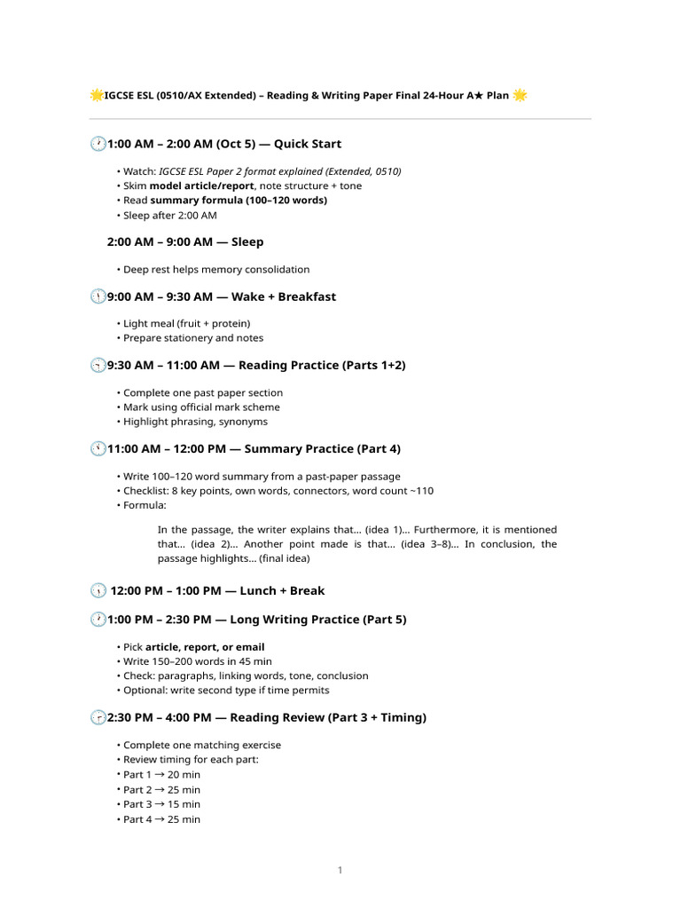 IGCSE ESL 24-Hour A★ Exam Plan | PDF