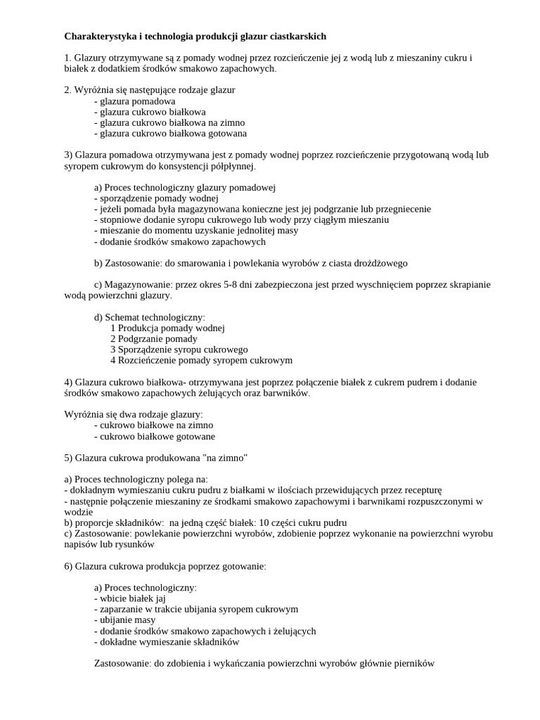 Charakterystyka I Technologia Produkcji Glazur Ciastkarskich | PDF