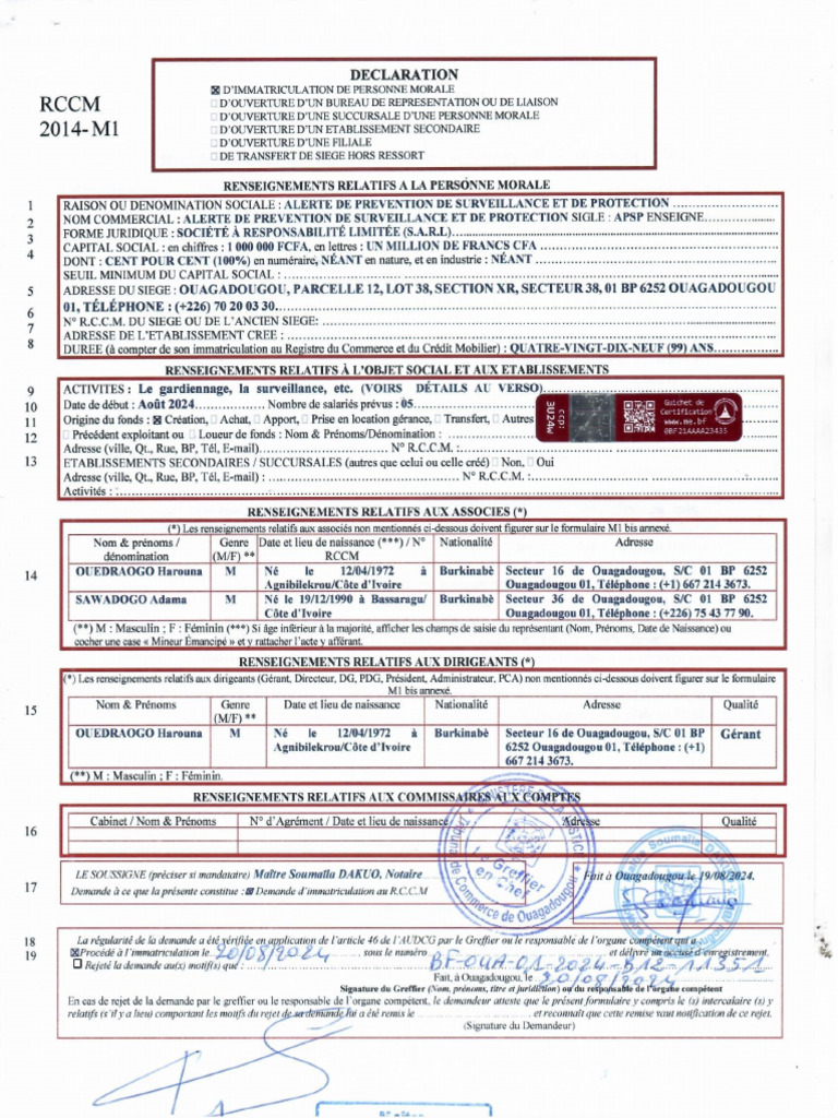 Rccm Et Acte de Depot Apsp Sarl | PDF