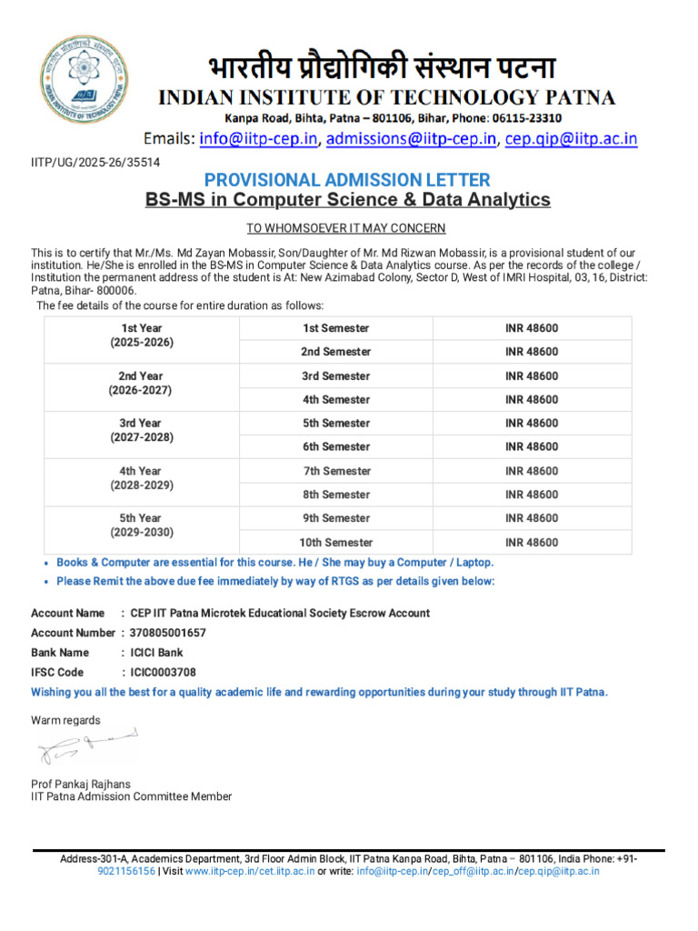 Provisional Admission Letter - Provisional Admission Letter | PDF