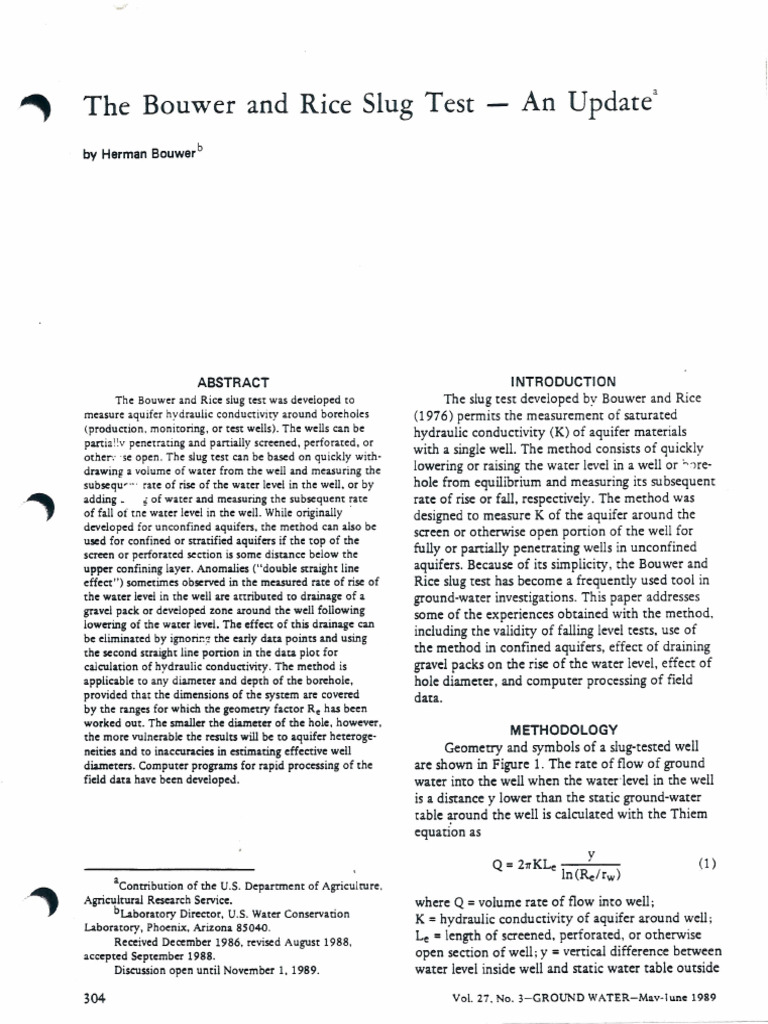 Bouwer 1989 Update Slug Test | PDF
