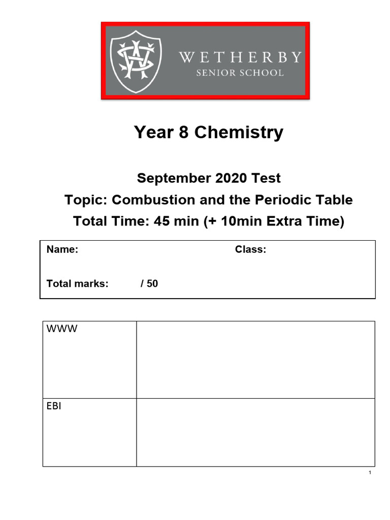 Y8 TEST Combustion and Periodic Table Sept2020 Test | PDF | Combustion ...