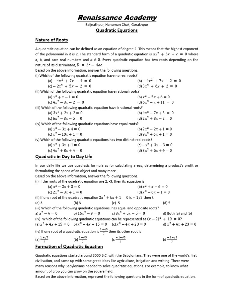 04. Quadratic Equations (Case Study) | PDF | Quadratic Equation ...