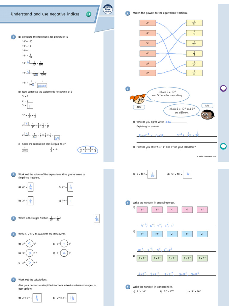 Y8 Spring Block 5 ANS10 Understand and Use Negative Indices H 2019 ...
