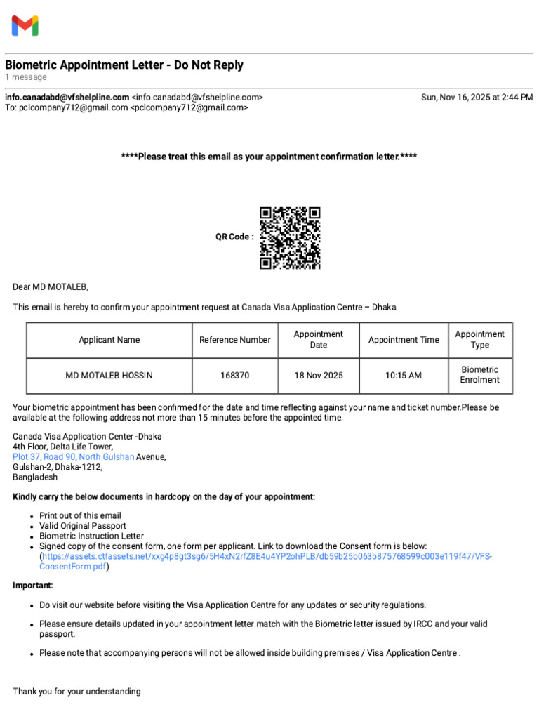 Gmail - Biometric Appointment Letter - Do Not Reply (11) | PDF | Travel Visa | Government And ...