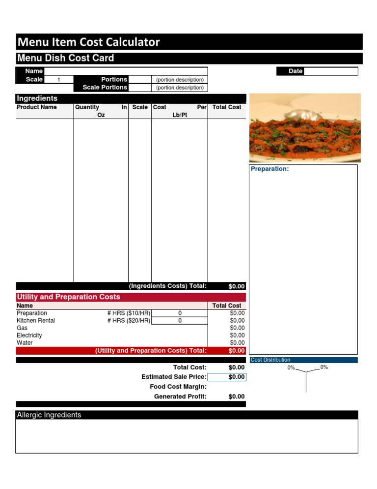 Menu Item Cost Calculator Template | PDF