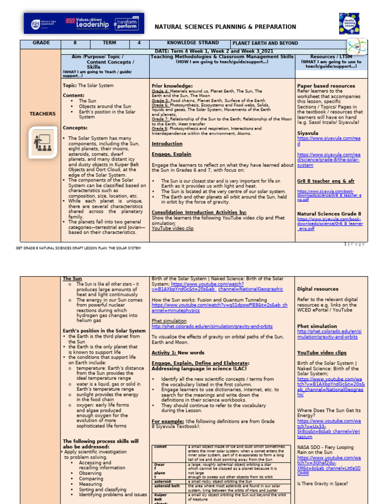 Lesson Plan GET SP Gr. 8 Natural Sciences T4 W3 | PDF | Solar System | Planets