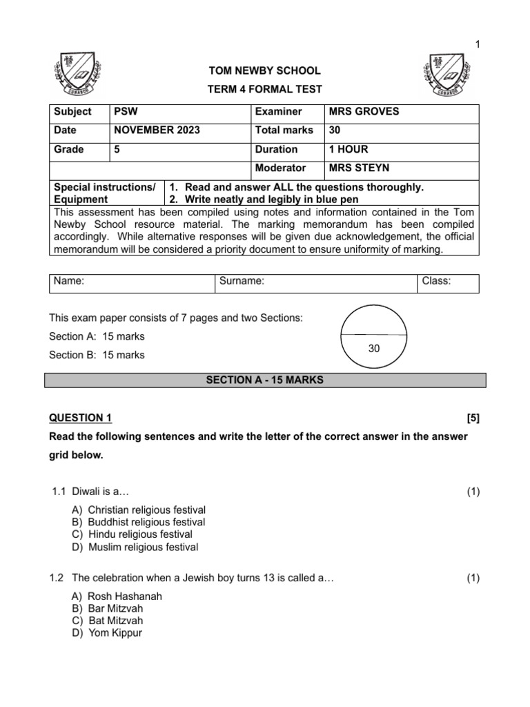 Grade 5 PSW Term 4 Exam Paper | PDF | Hiv/Aids | Festival