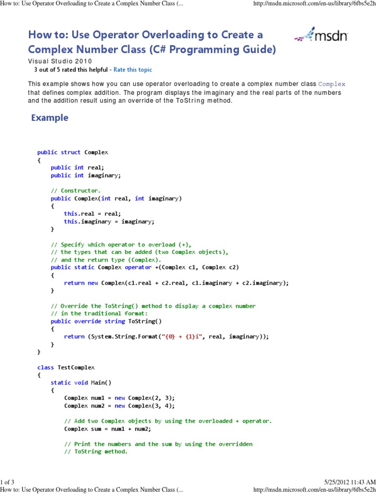 Use Operator Overloading To Create A Complex Number Class (C# ...