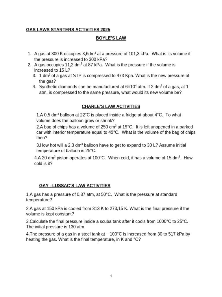 Gas Laws Activities and Calculations 2025 | PDF | Gases | Atmosphere Of ...