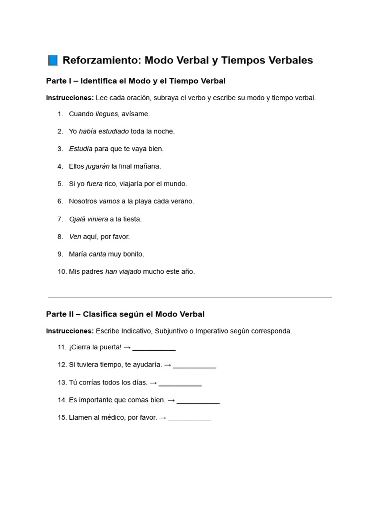 ? Reforzamiento_ Modo Verbal y Tiempos Verbales | PDF | Verbo | Gramática