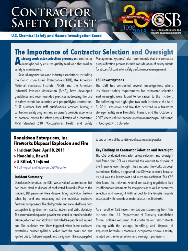 CSB Digest - Contractor Safety-1 | PDF | Safety | Fireworks