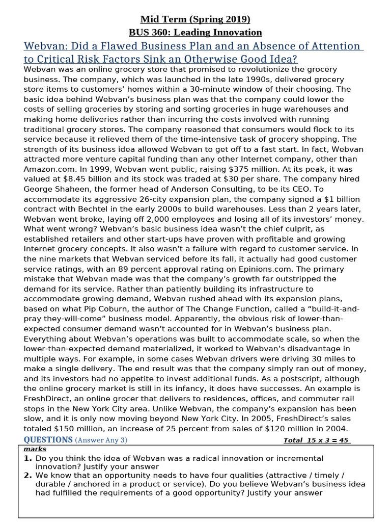 Webvan's Rise and Fall: A Case Study | PDF | Grocery Store | Business ...