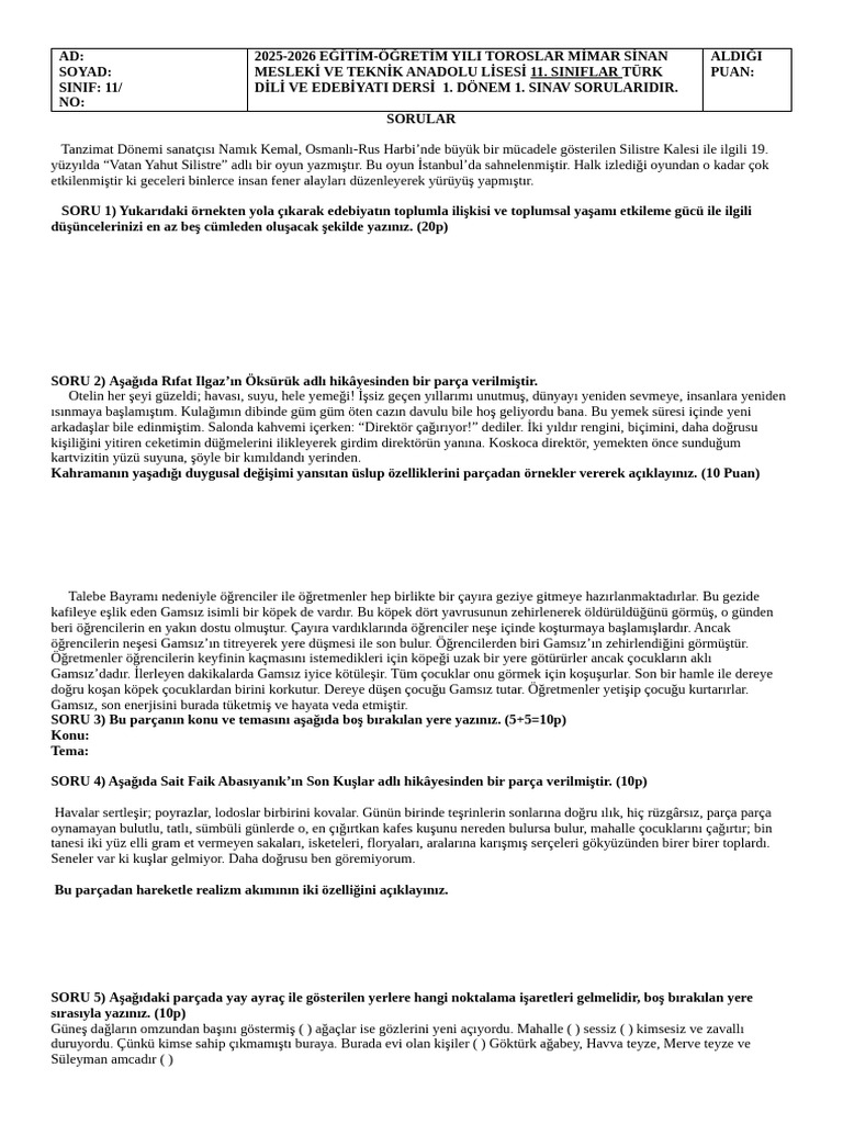 2025-2026 11.sinif Yazili Sinav Sorulari | PDF