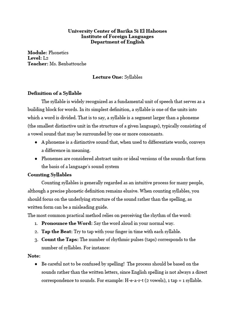 Lecture One - Syllables | PDF | Syllable | Consonant